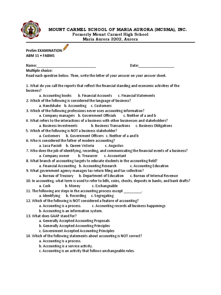 Fabm 1 Exam Pdf Accounting Money