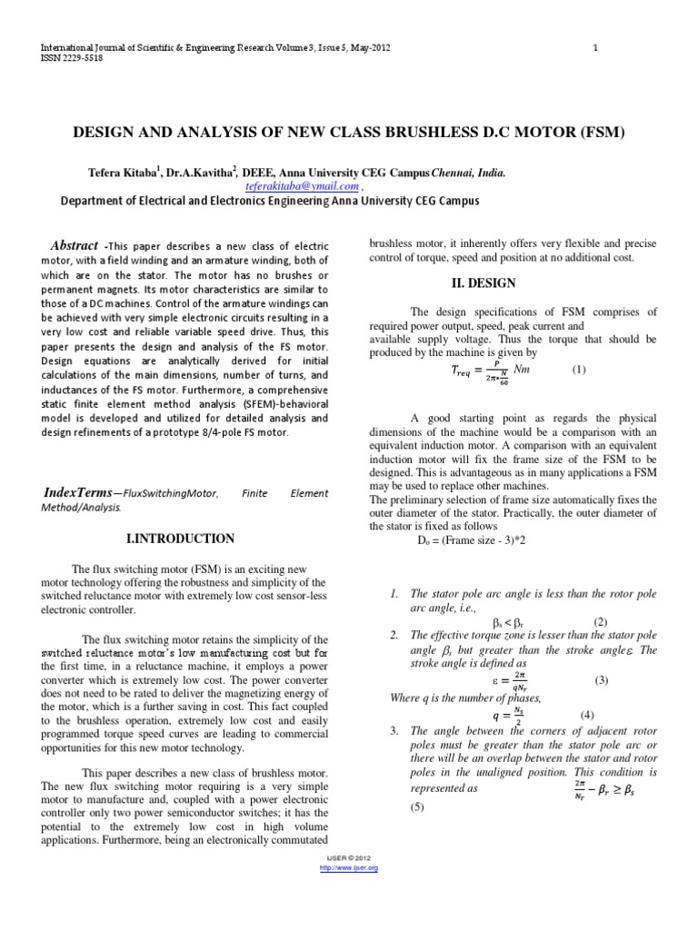 Design and Analysis of New Class Brushless DC Motor FSM | PDF | Electric Motor | Physical Sciences