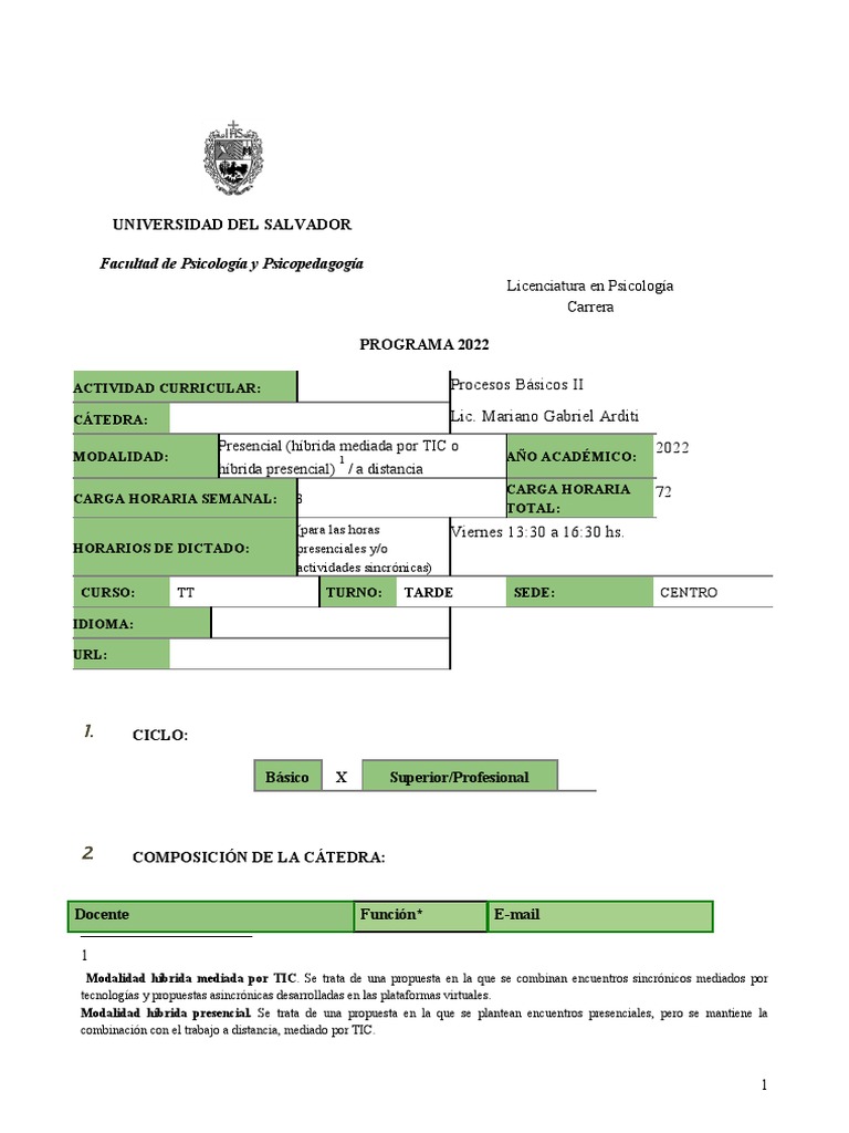 Programa - Procesos Básicos II - TT - ARDITI - 2022 - Mariano Gabriel Arditi | PDF | Sicología ...
