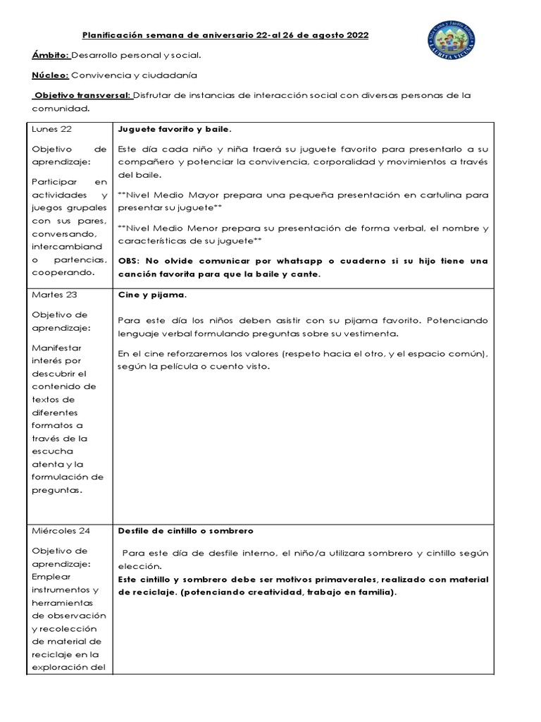 Planificacion Semana de Aniversario 2022 | PDF Planificacion Semana de Aniversario 2022 | PDF