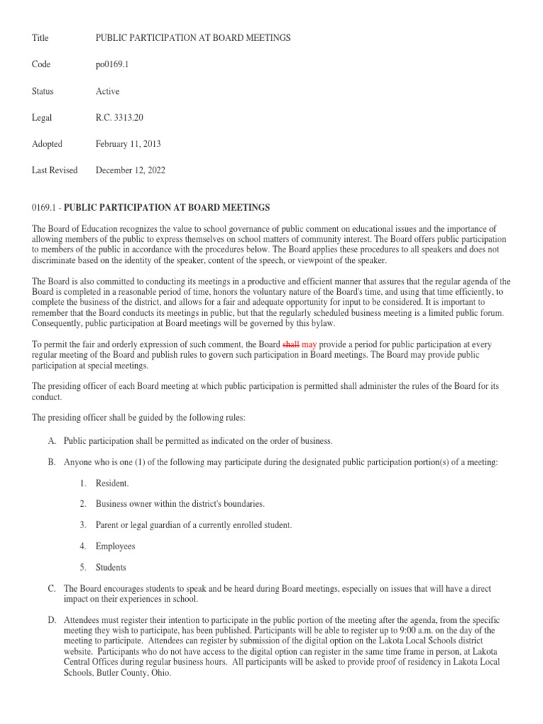 Revised PO 0169.1 - Public Participation at Board Meetings | PDF | Justice | Crime & Violence