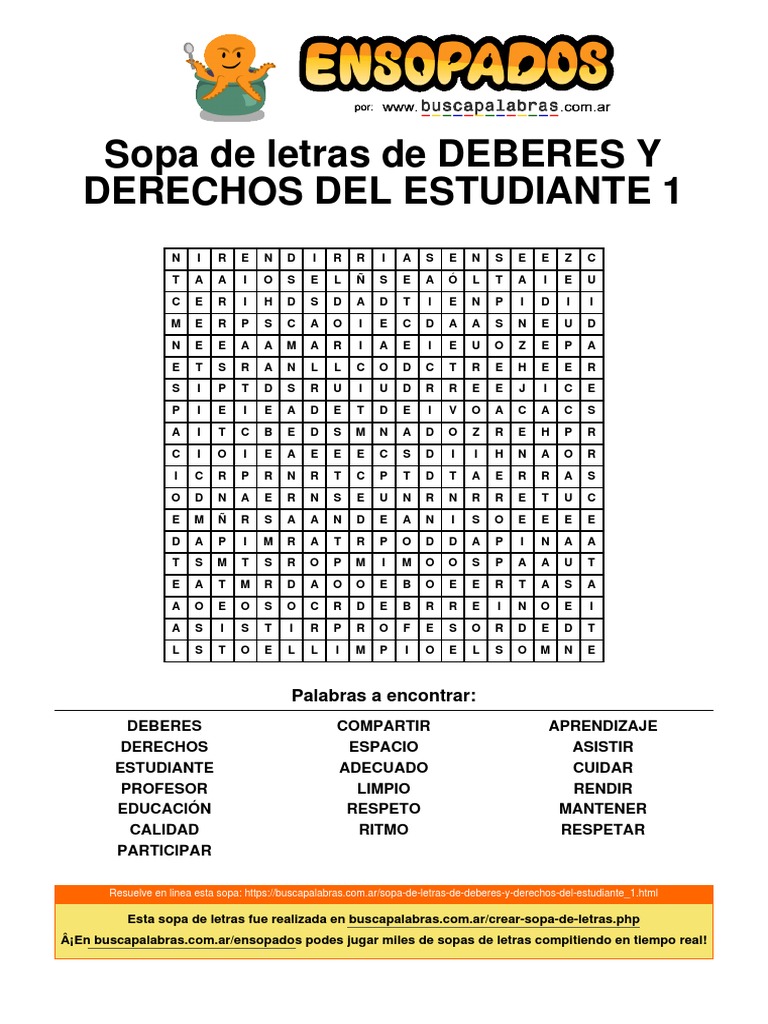 Sopa de Letras de Deberes y Derechos Del Estudiante - 1 | PDF