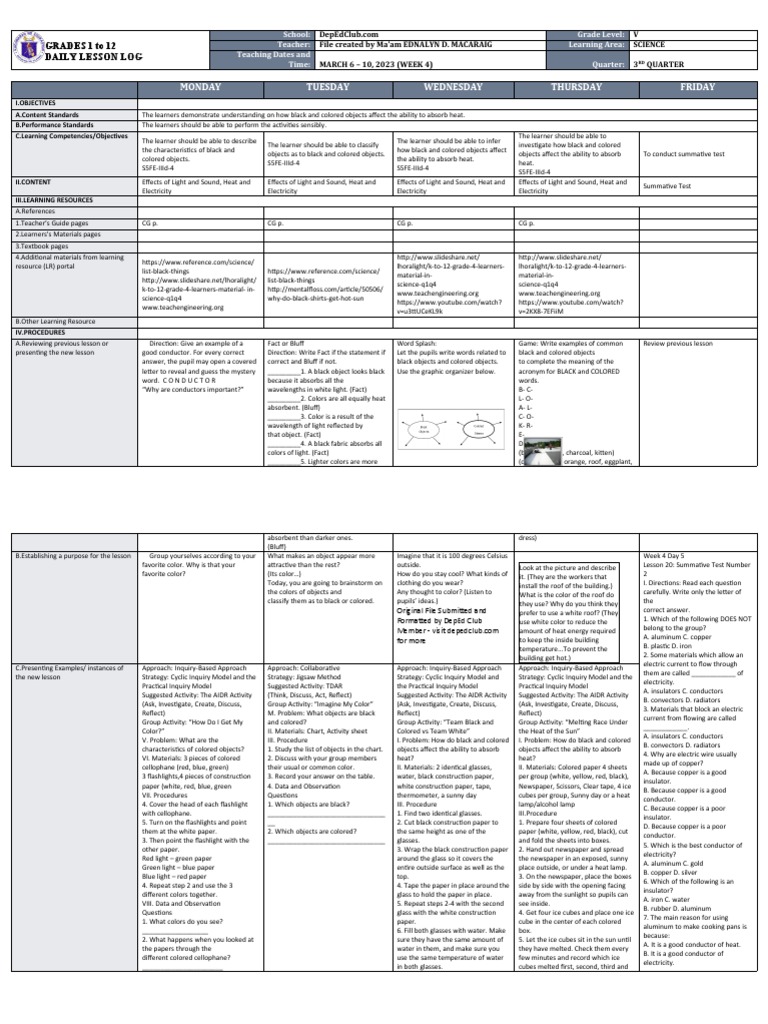 DLL - Science 5 - Q3 - W4 | PDF | Inquiry Based Learning | Color
