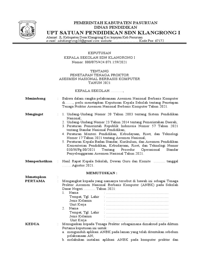 Contoh SK Proktor ANBK DIKDAS | PDF
