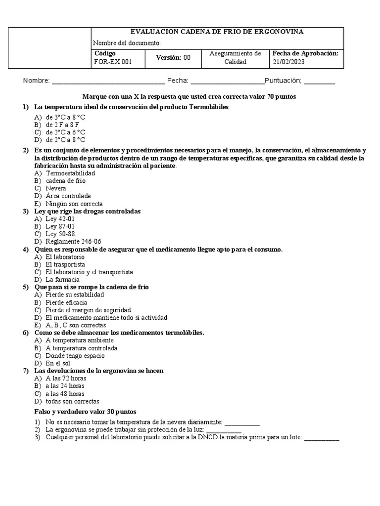 For-Ex-001 Exsamen Poe-Ac-007 Cadena de Frio | PDF