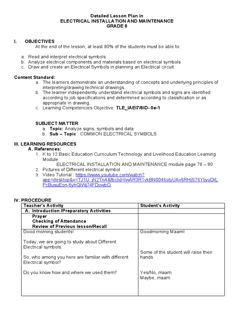 Lesson Plan on Electrical Symbols | PDF | Learning | Lesson Plan