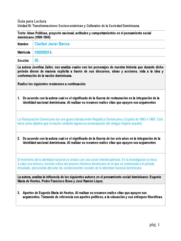 Guia de Lectura Unidad III3 | PDF | República Dominicana | revolución ...