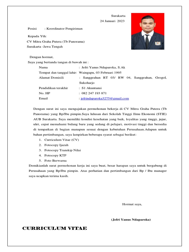 BERKAS Lengkap Lamaran Jefri CV Mitra Graha Putera (TB Panorama) | PDF | Karier & Perkembangan