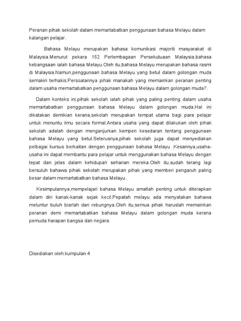 Peranan Pihak Sekolah Dalam Memartabatkan Penggunaan Bahasa Melayu | PDF