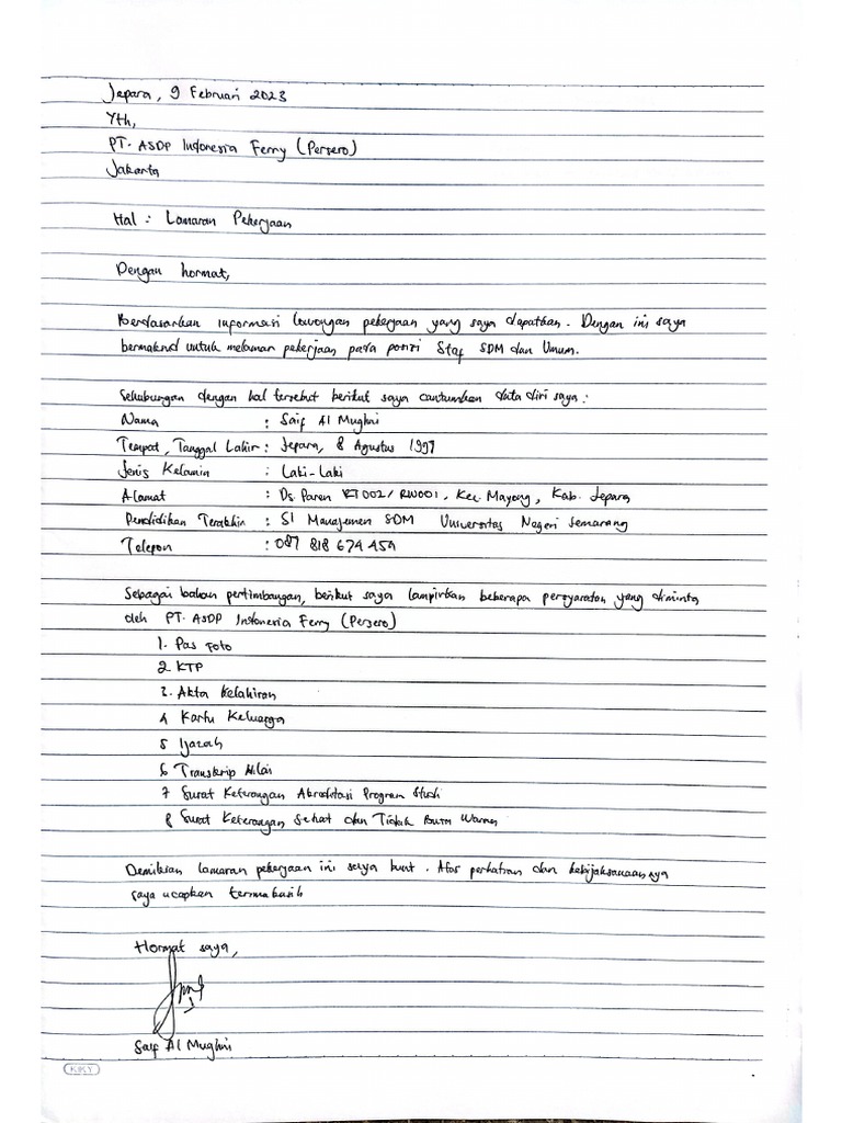 Surat Lamaran PT Asdp | PDF