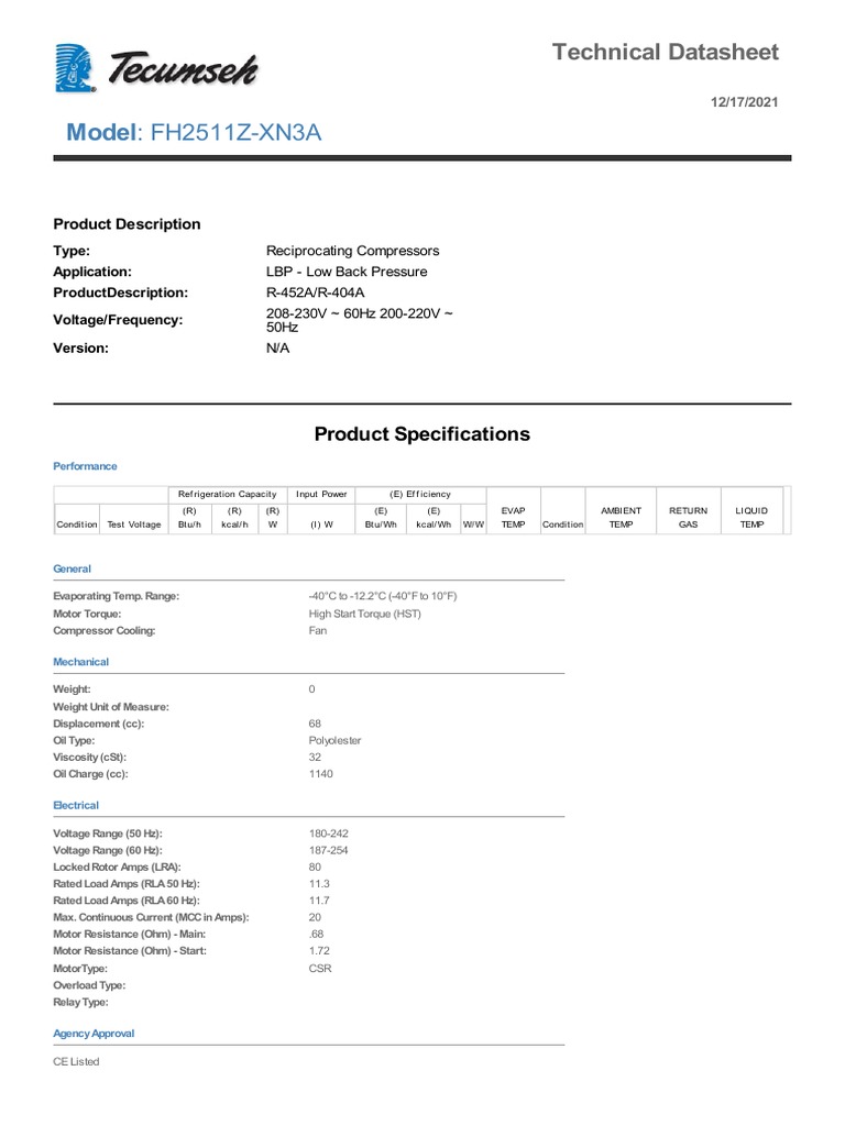 Technical Specifications and Performance Data | PDF | Electric Motor ...