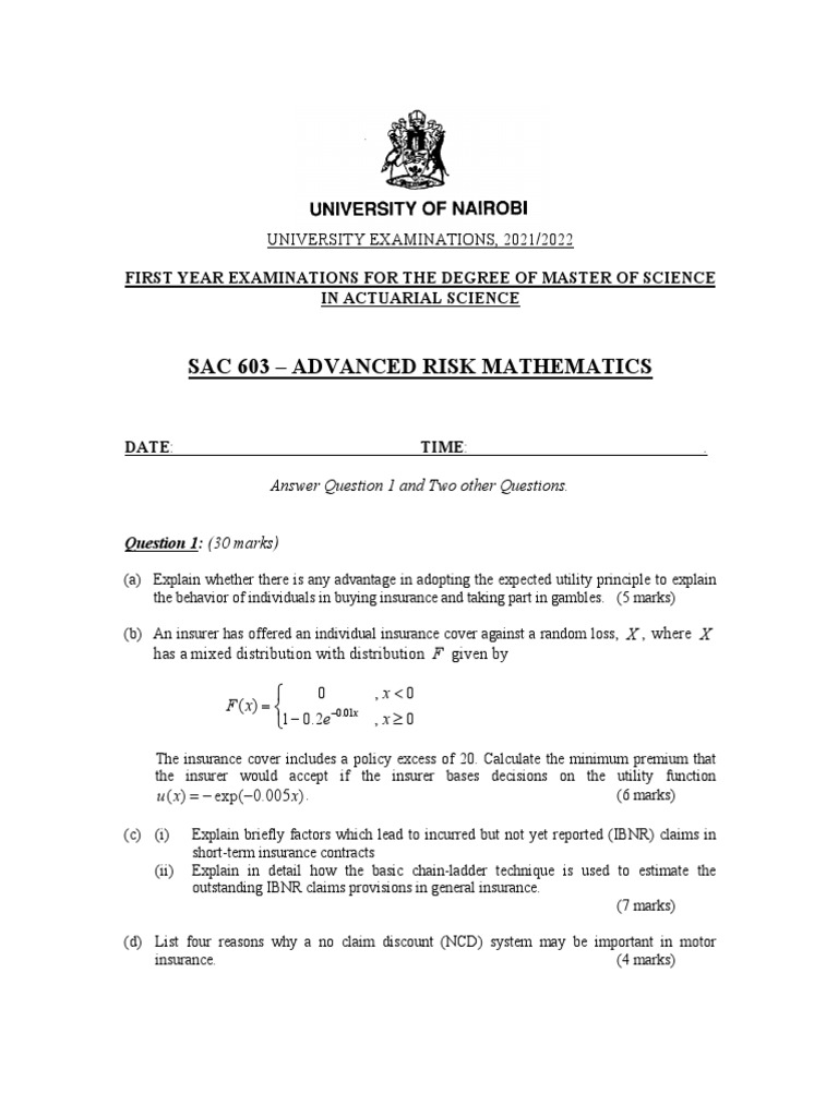 Advanced Risk Mathematics Exam 21 - 22 | PDF | Insurance | Utility