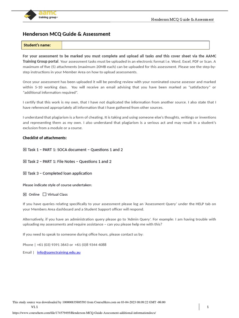 Henderson MCQ Assessment Submission Guide | PDF