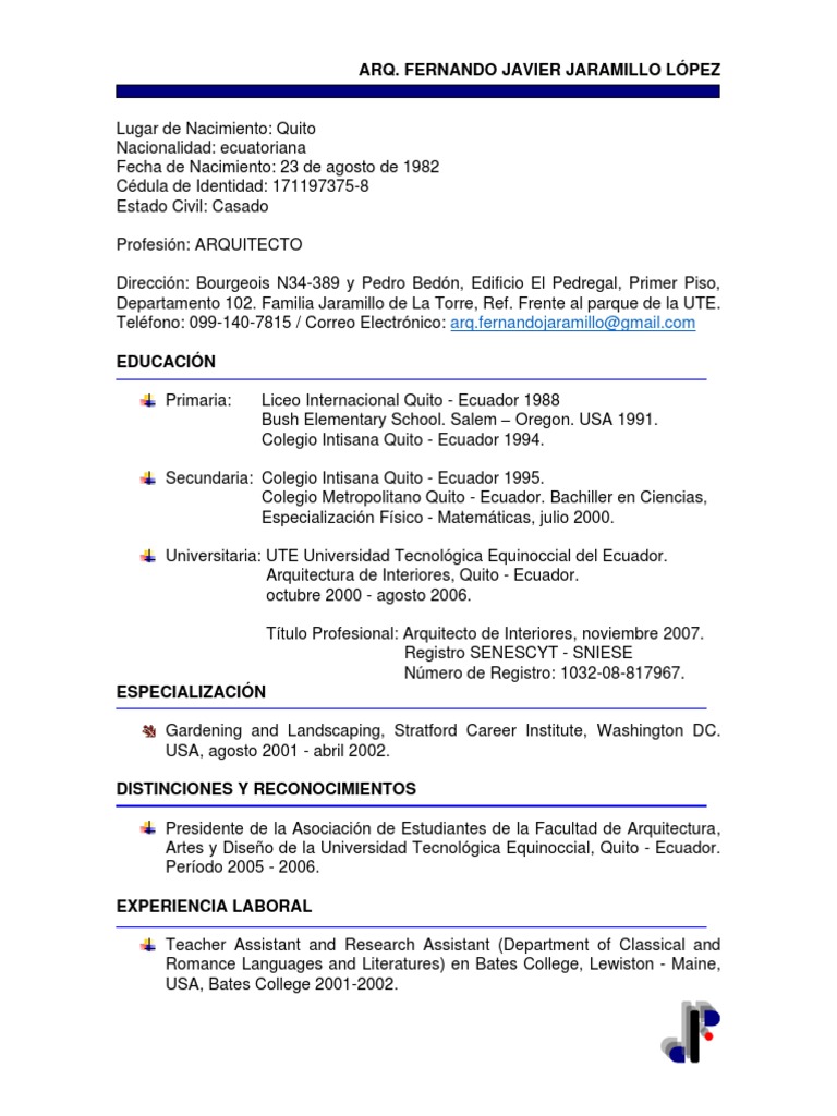 Curriculum Vitae Arq. Fernando Jaramillo López Enero 2023 - PDF | PDF | Ecuador