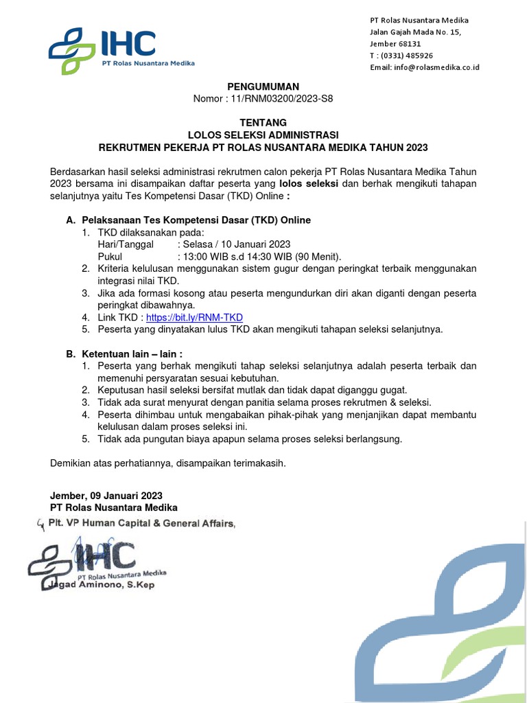 Pengumuman Lolos Seleksi Administrasi | PDF
