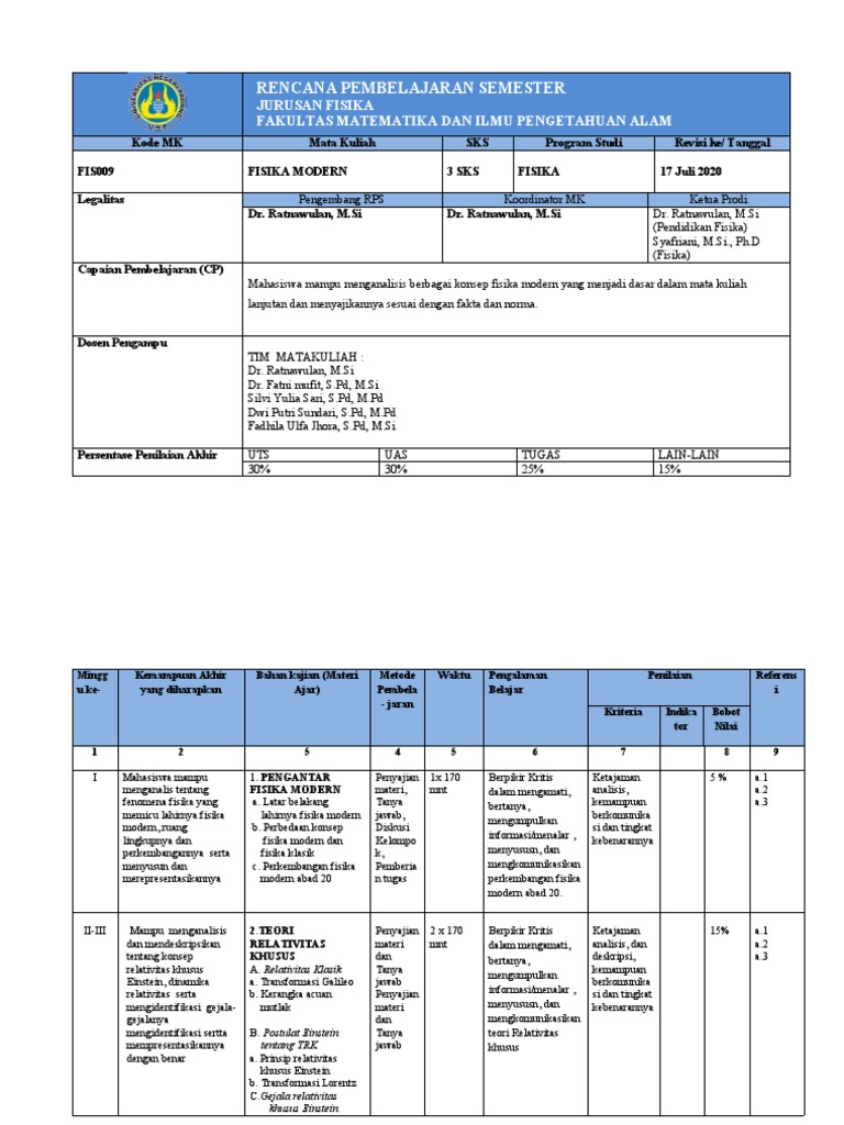 RPS (Rencana Pembelajaran Semester) Fisika Modern | PDF