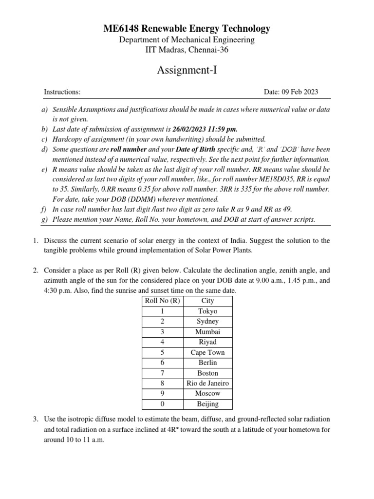 ME6148 Renewable Energy Technology-Assignment 1 | PDF | Solar Power | Heat Transfer