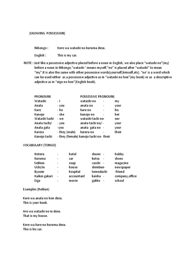 Japanese Possessive Pronouns Guide | PDF