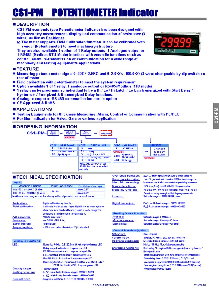 CS1-PM Potentiometer Indicator Guide | PDF | Relay | Power Supply