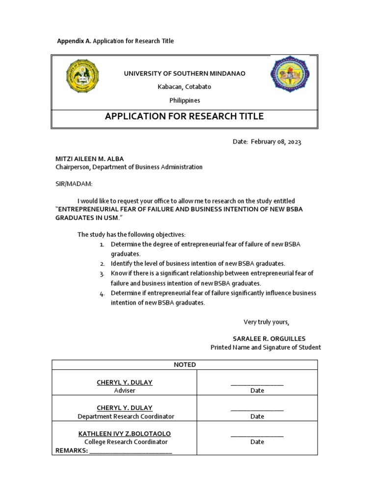 Application For Research Title | PDF | Career & Growth | Business