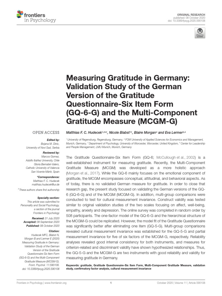 Measuring Gratitude in Germany - Validation Study of The German Version ...