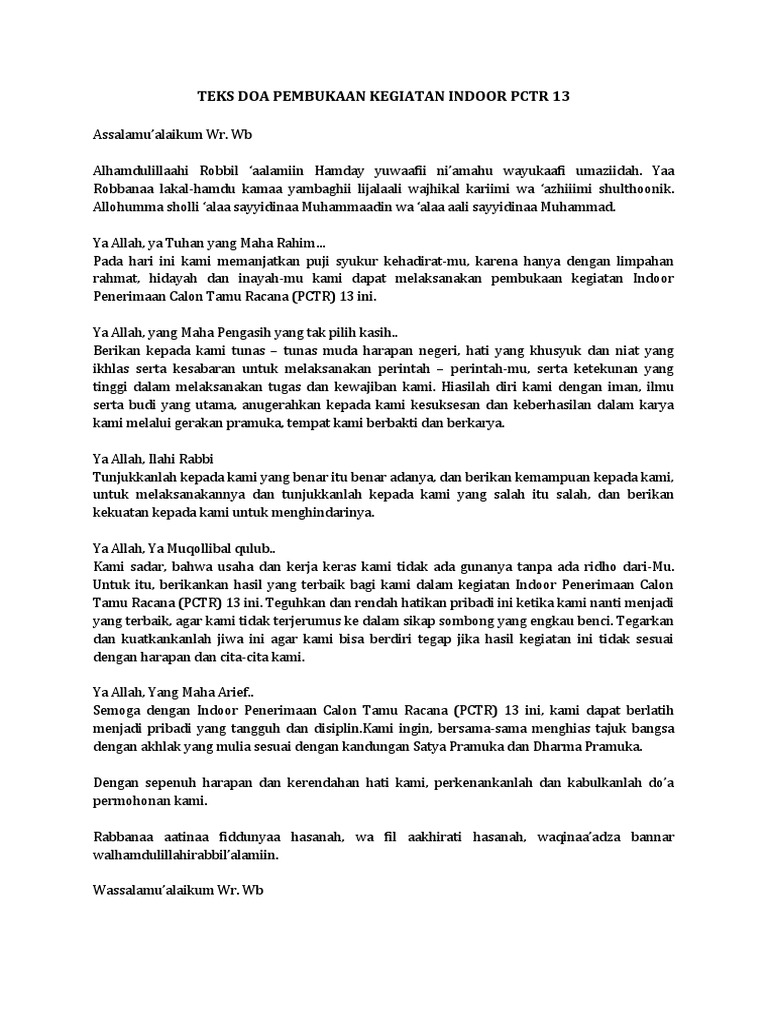 TEKS DOA PEMBUKAAN KEGIATAN INDOOR PCTR 13 | PDF