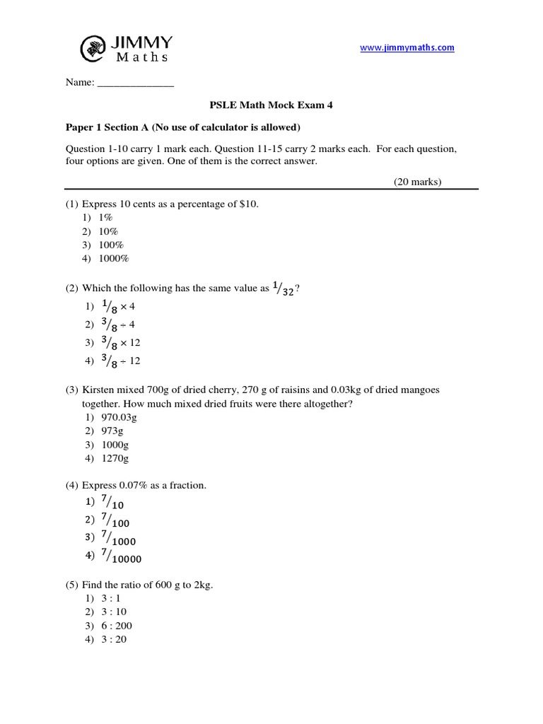 PSLE Math Mock Exam 4 Paper 1 | PDF | Triangle | Area