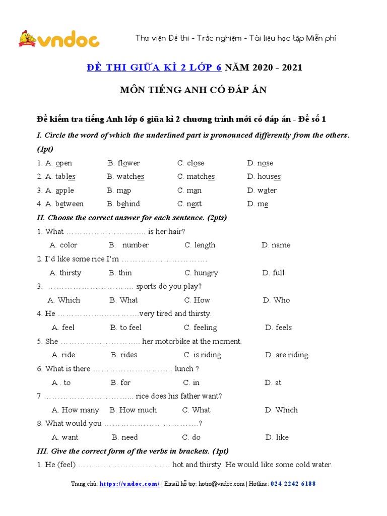 Bo de Thi Giua Ky 2 Mon Tieng Anh Lop 6 Co Dap An | PDF | Lunch | Meal