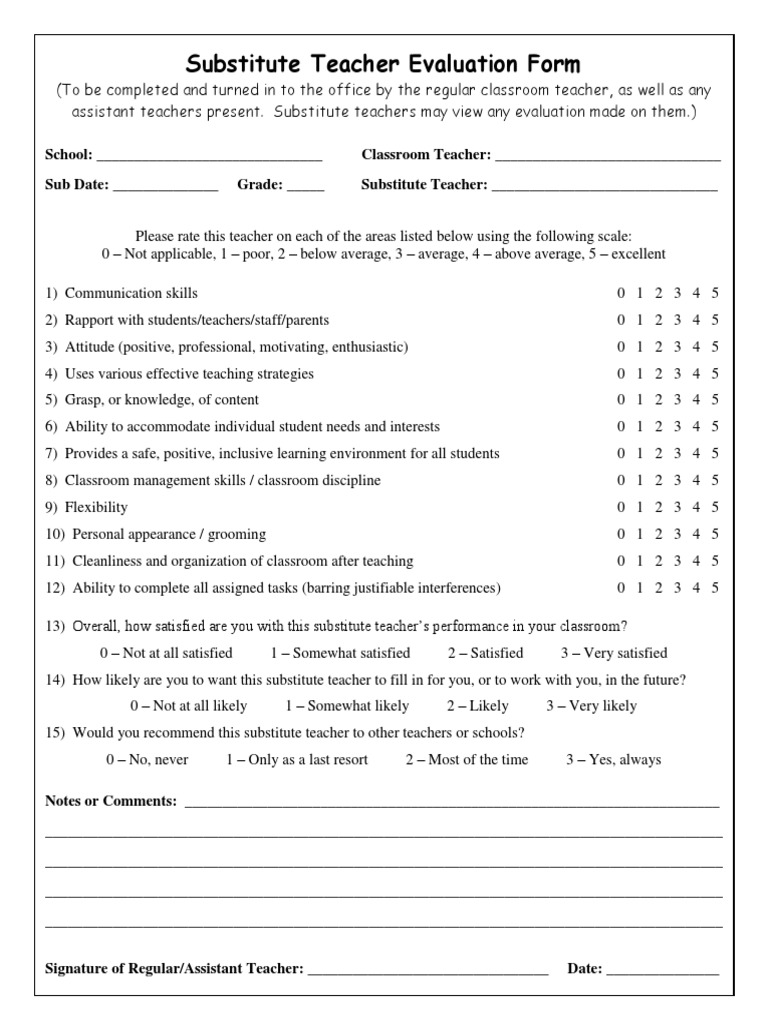 Substitute Teacher Evaluation | PDF | Teachers | Classroom