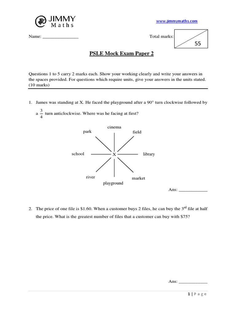 PSLE 2012 Maths Mock Exam Paper 2 | PDF | Area | Geometry