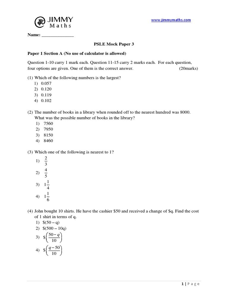 PSLE Math Mock Exam 3 Paper 1 | PDF | Area | Significant Figures