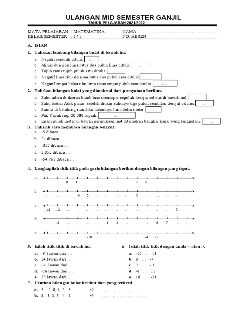 Soal Ulangan Mid Semester Ganjil Matematika KLS 6 | PDF