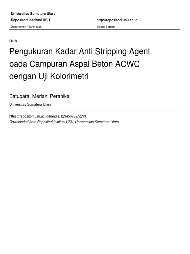 Pengukuran Kadar Anti Stripping Agent Pada Campuran Aspal Beton ACWC Dengan Uji Kolorimetri | PDF