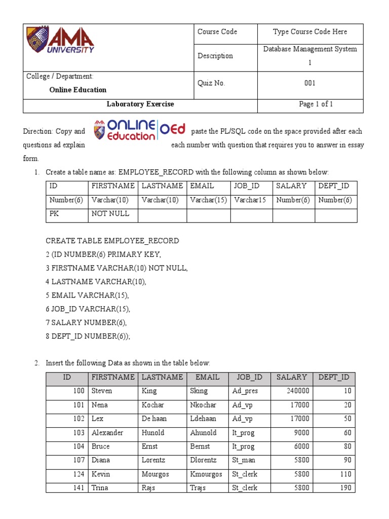 Laboratory Exercise: Modifying Records in a Database Table Through DML Statements | PDF ...