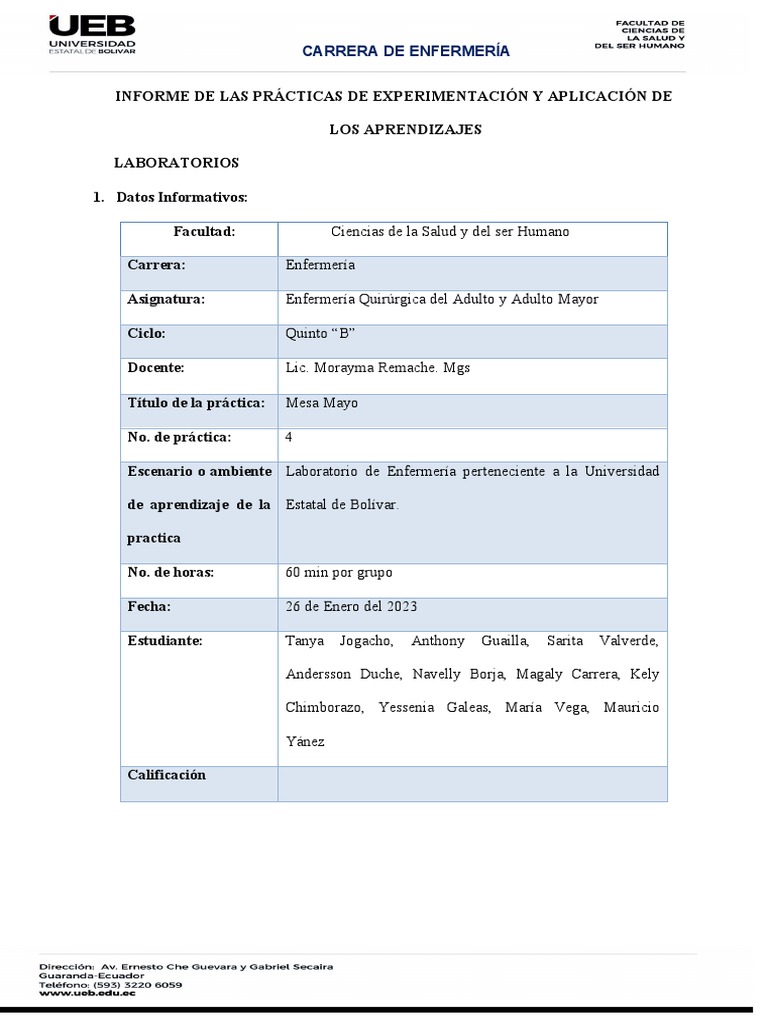 Informe de Laboratorio #4 - Mesa Mayo | PDF | Enfermería | Laboratorios