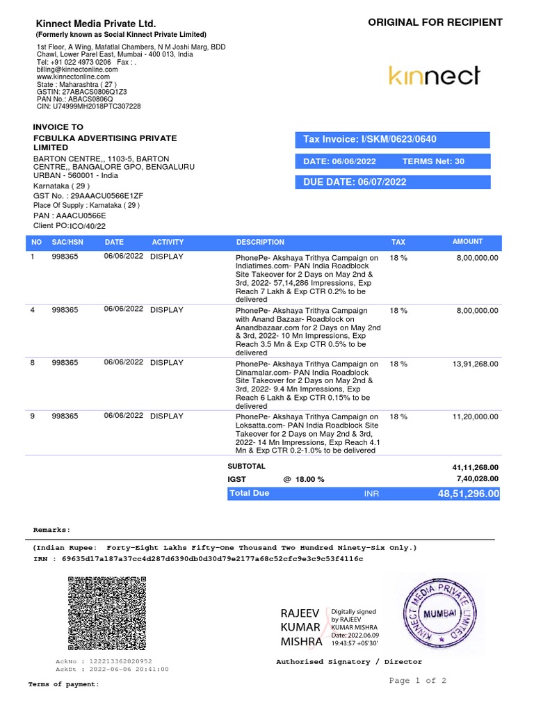 Invoice for Digital Advertising Campaign Services Provided by Kinnect Media Private Ltd. to ...