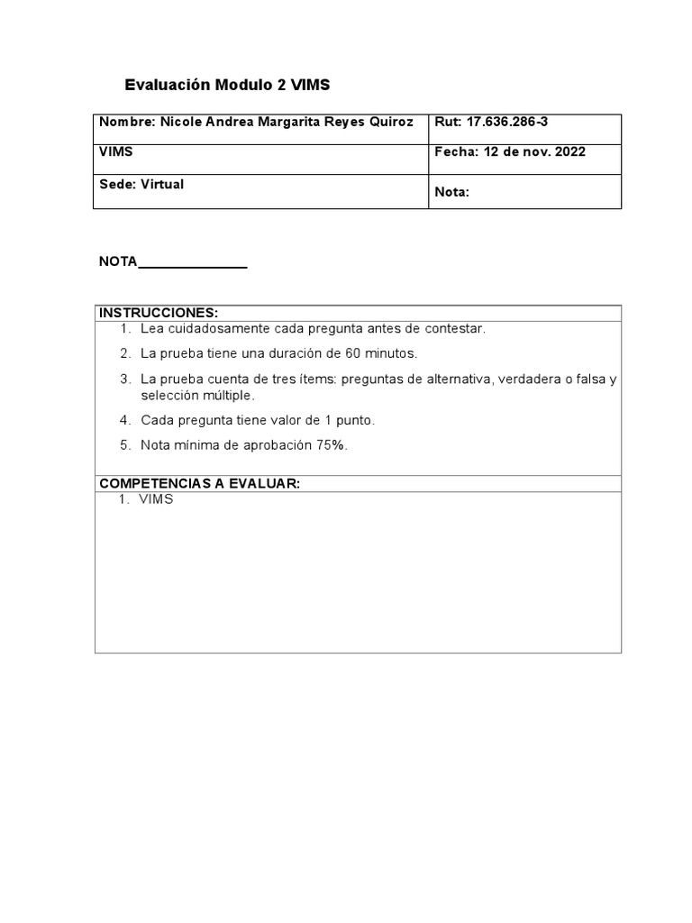 Evaluación Final Modulo 2.1 VIMS Participante | PDF