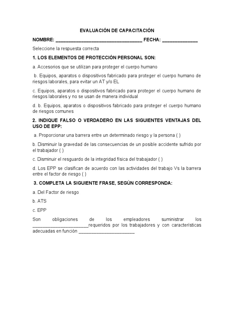 Evaluación de Capacitación Epp | PDF
