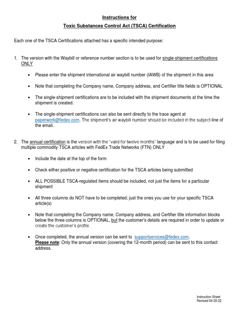 TSCA Form and Instructions | PDF