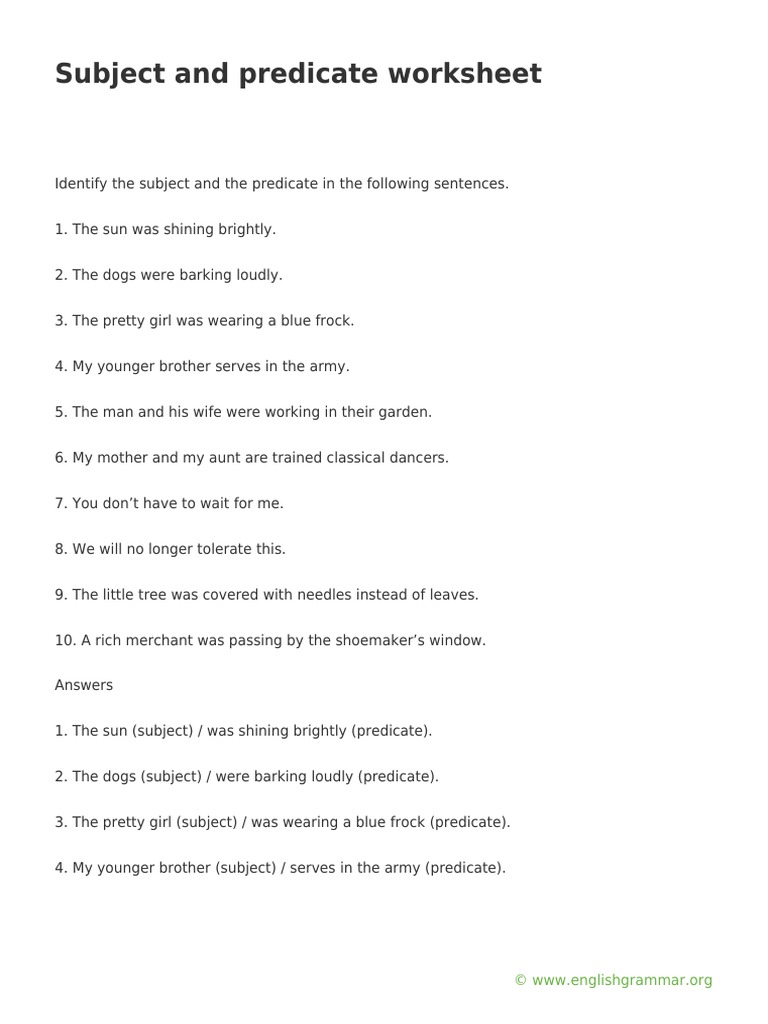 Subject and Predicate Worksheet | PDF