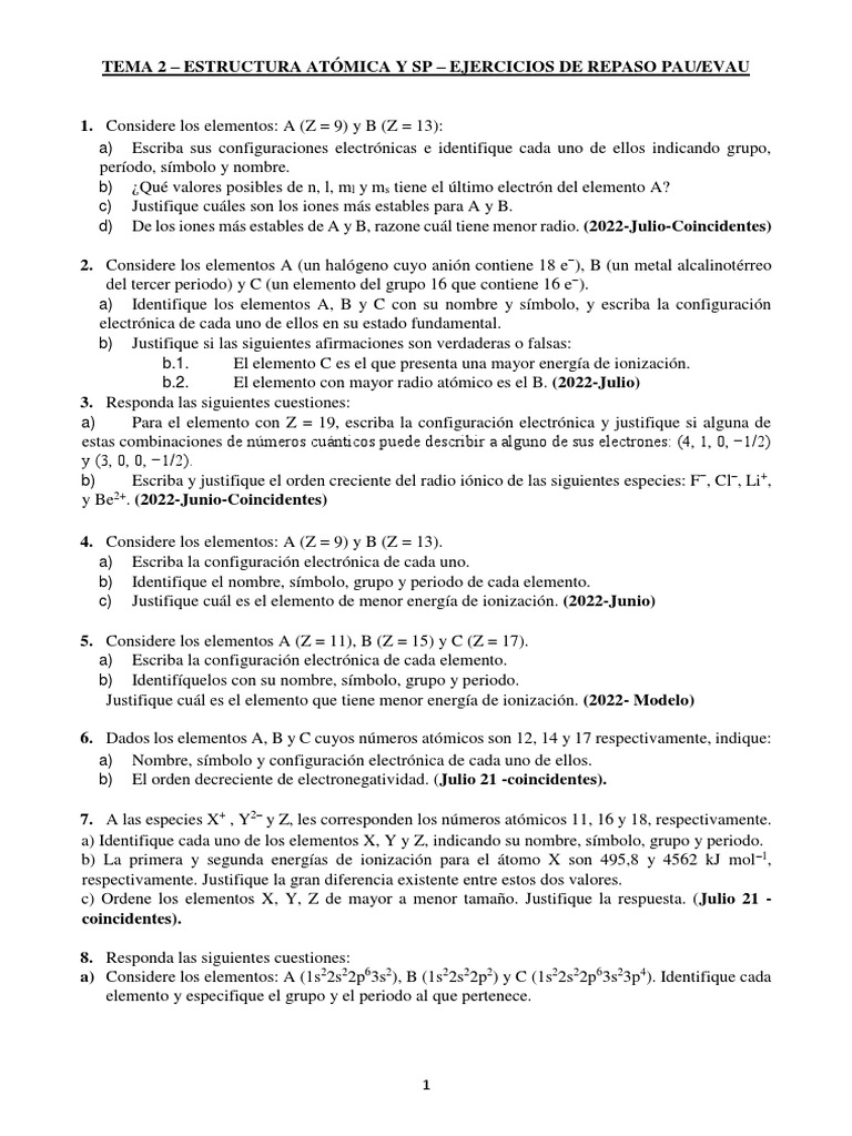 2º Bachillerato - Tema 2 - Ejercicios Pau - Evau Sobre Estructura ...