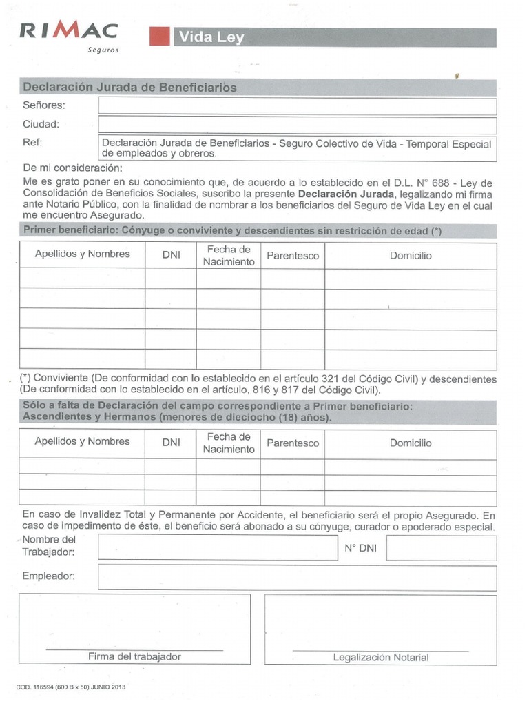 9 - Declaracion Jurada Vida Ley Rimac | PDF 9 - Declaracion Jurada Vida Ley Rimac | PDF