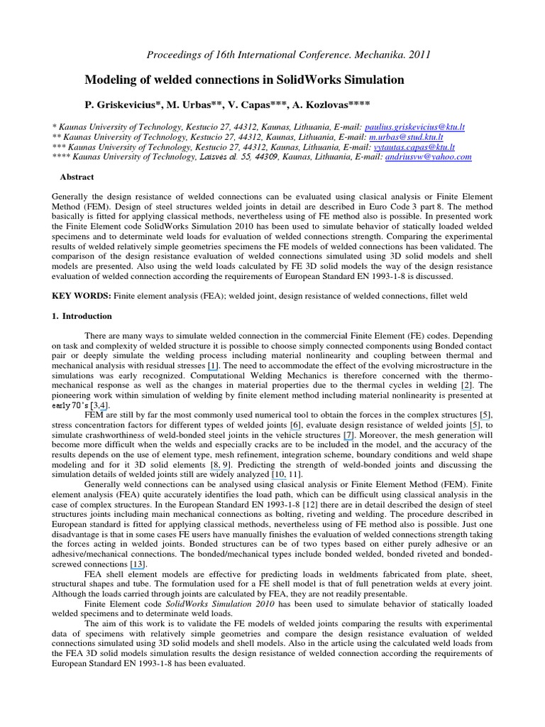 Modeling and Finite Element Analysis of Welded Connections Using SolidWorks Simulation | PDF ...