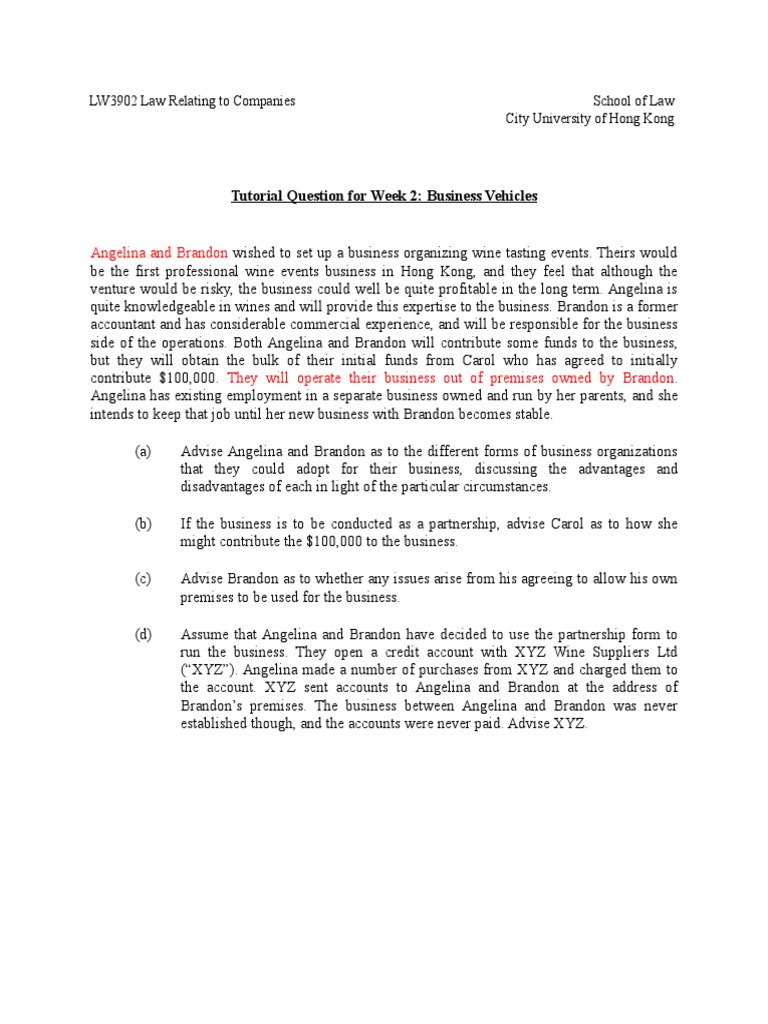 LW3902 - Tutorial Questions Wk2 | PDF | Partnership | Legal Liability