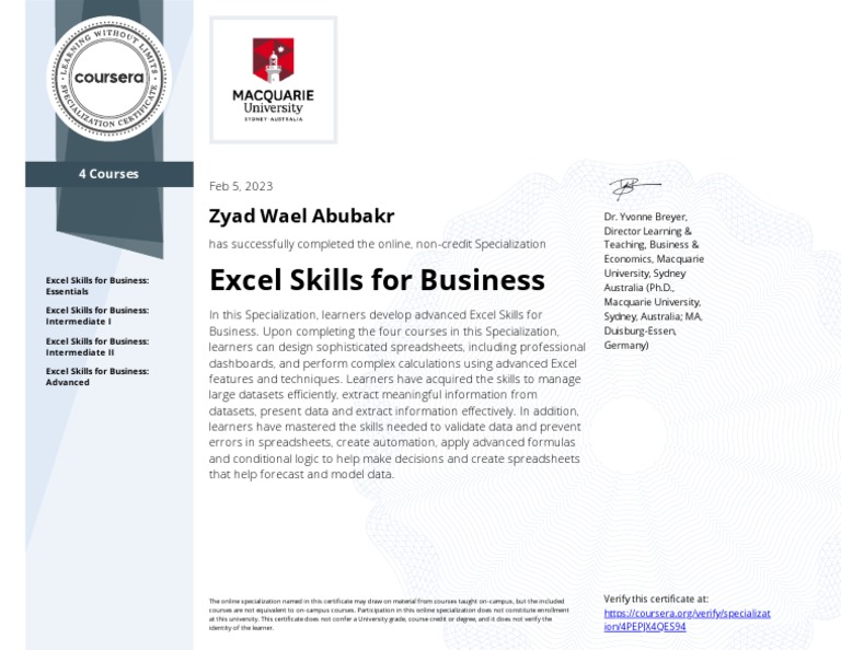 Excel Skills For Business Specialization | PDF | Microsoft Excel | Spreadsheet