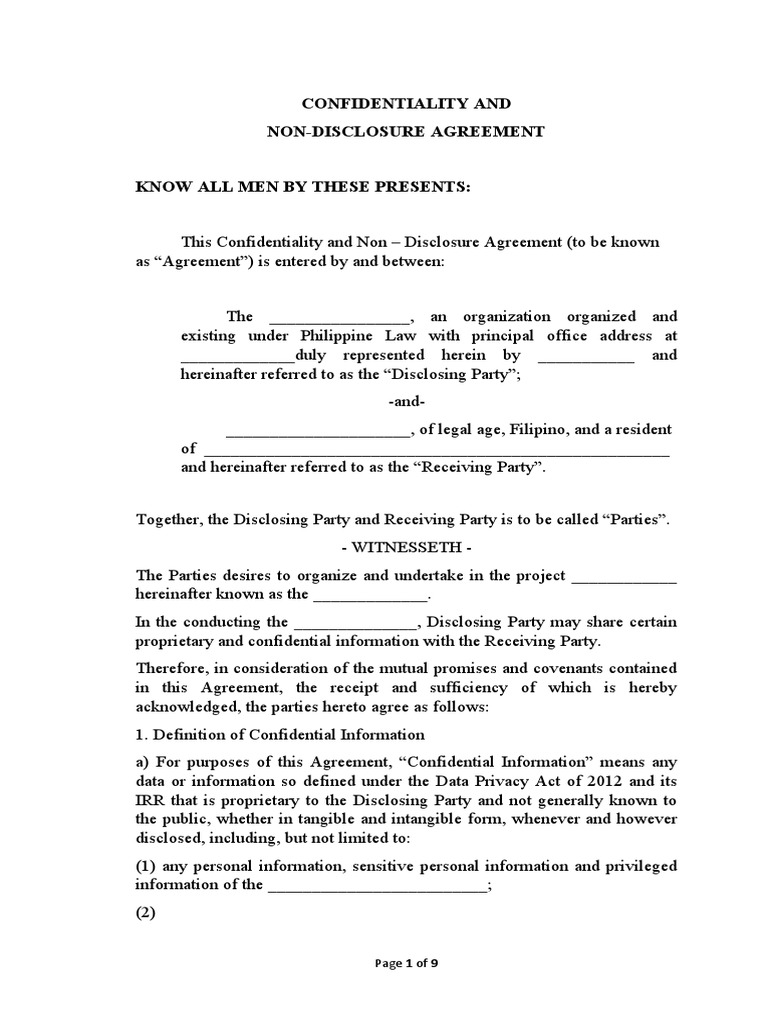 CONFIDENTIALITY AND NDA - Sample Draft | PDF | Confidentiality | Non ...