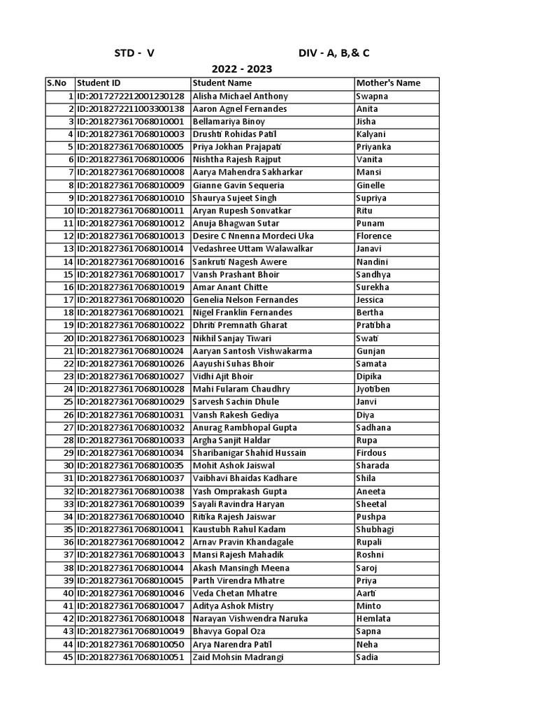 Students Id List STD V ABC | PDF