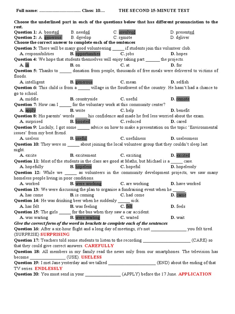 15-Minute Test For Semester 1 (Global Success) | PDF | Volunteering