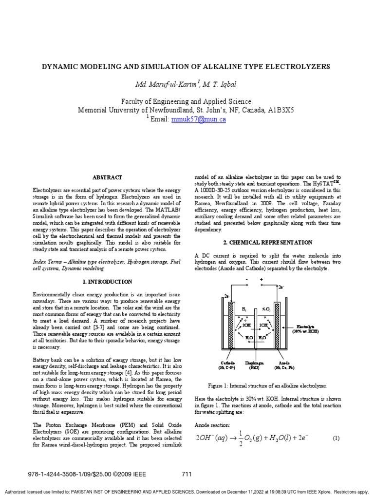 Dynamic Modeling And Simulation Of Alkaline Type Electrolyzers Pdf Electrochemistry Electrode