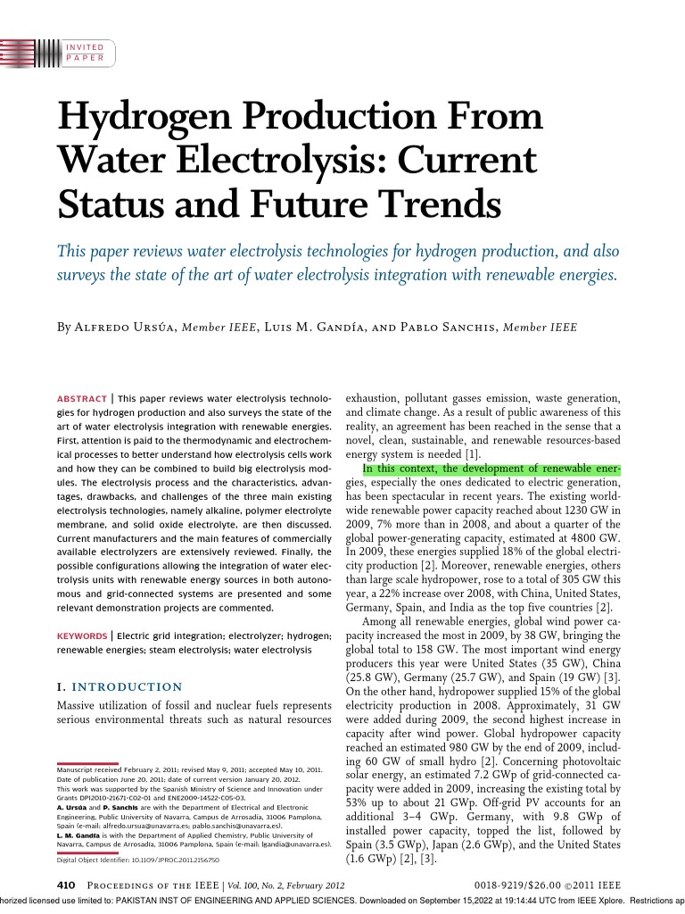 Hydrogen Production From Water Electrolysis Current Status and Future Trends | PDF ...